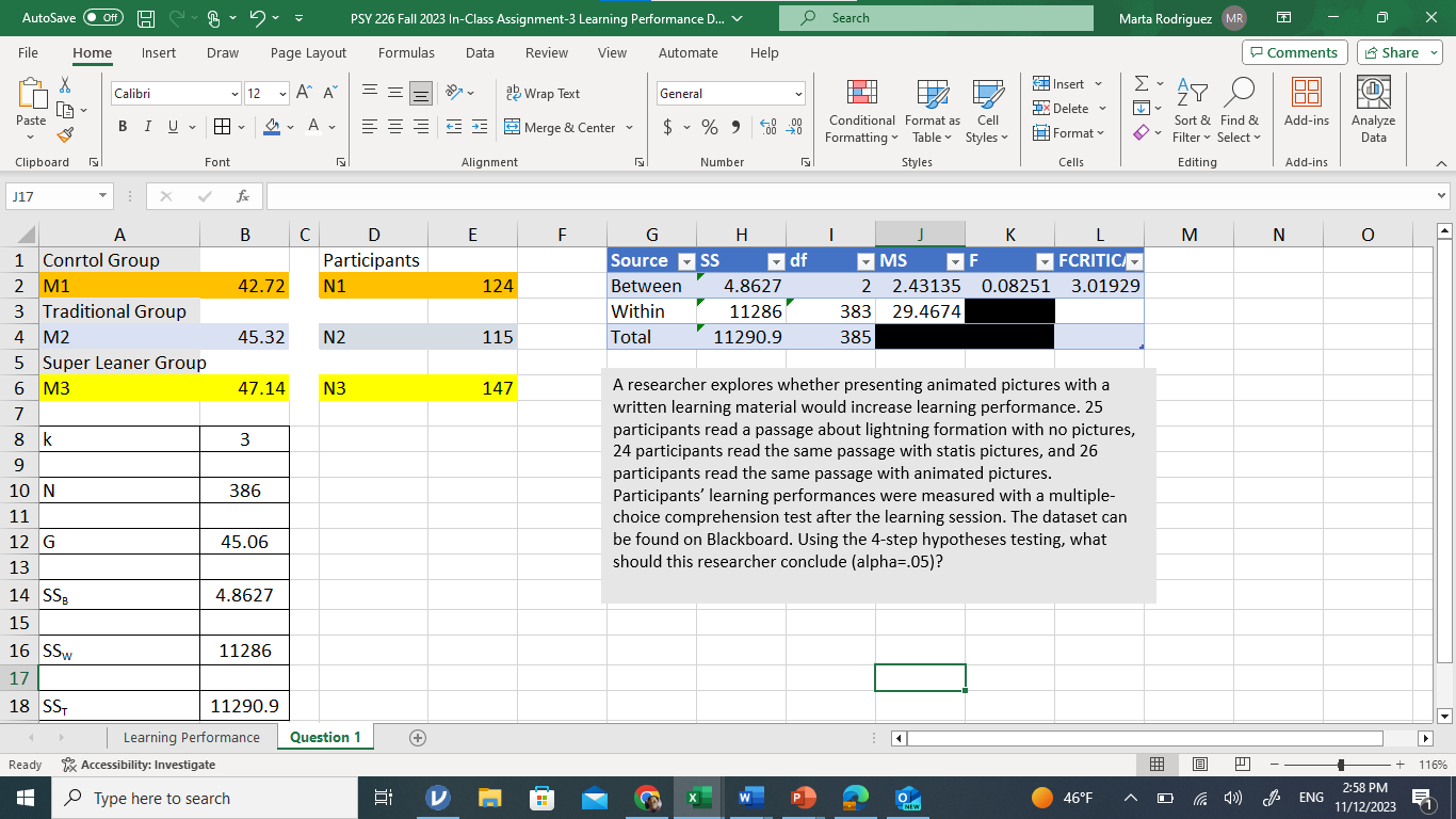 Solved help in writing an ANOVA HYPOTHESIS and RESULTS APA | Chegg.com