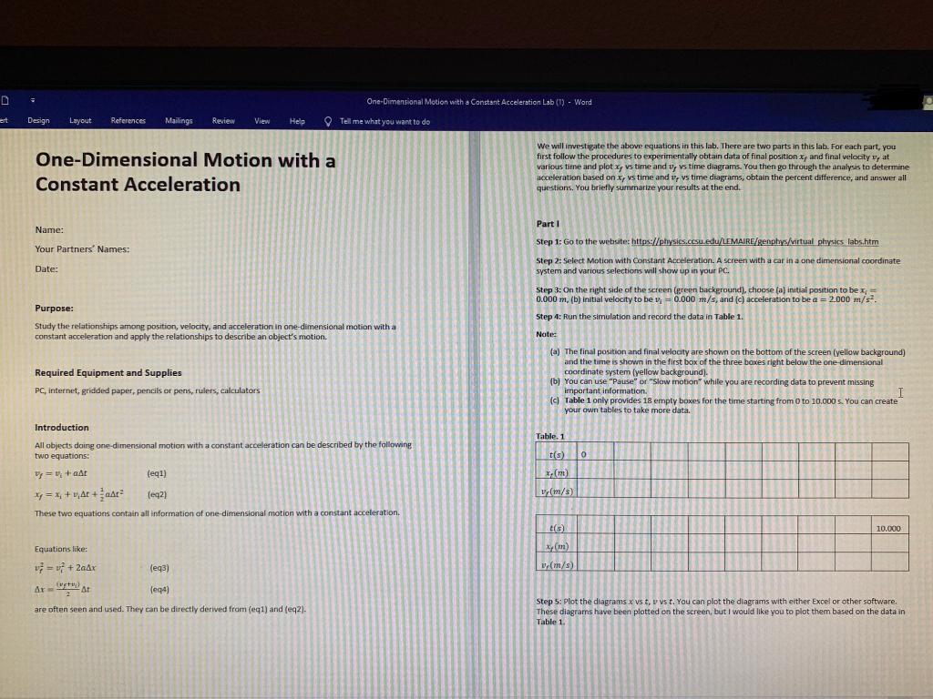 One-Dimensional Motion with a Constant Acceleration | Chegg.com