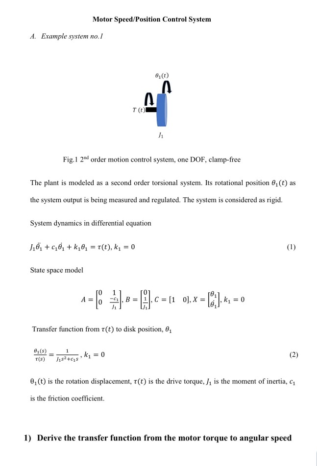 Solved Motor Speed/Position Control System A. Example system | Chegg.com