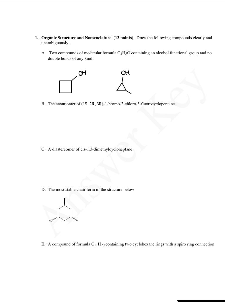 Solved 1. Organic Structure and Nomenclature (12 points). | Chegg.com