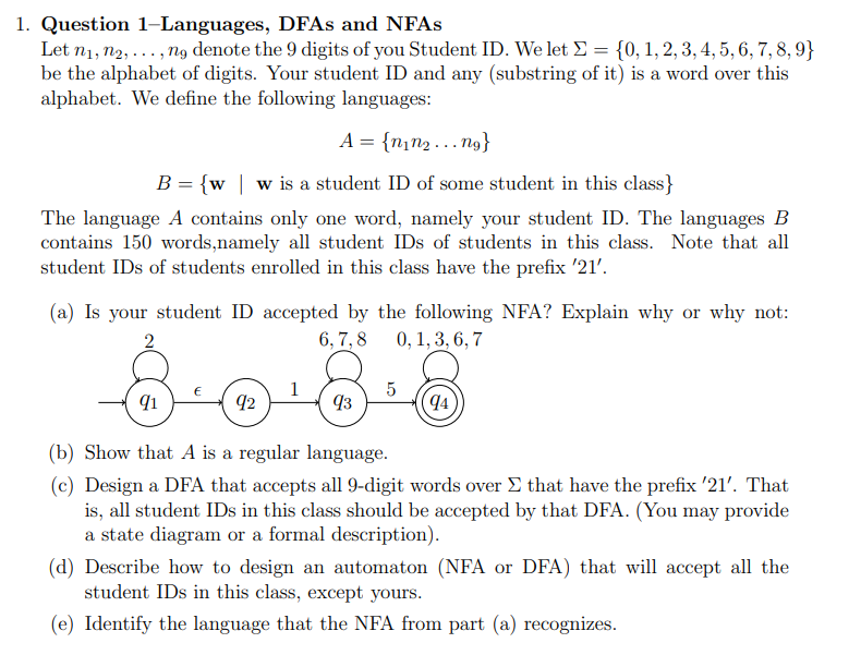 Solved 1. Question 1-Languages, DFAs and NFAs Let ni, n2, | Chegg.com