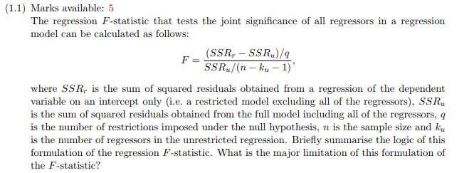 Solved (1.1) Marks available: 5 The regression F-statistic | Chegg.com