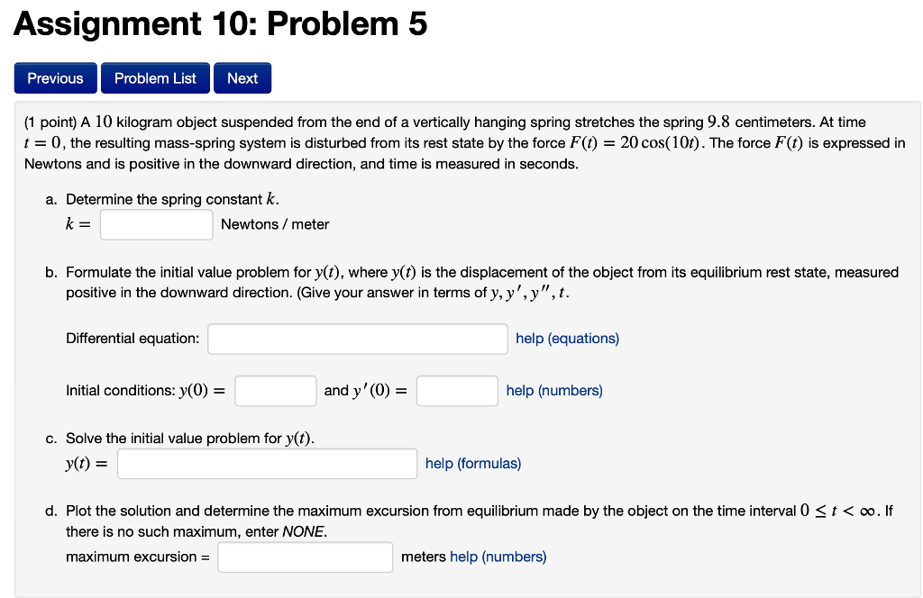 Solved Assignment 10: Problem 5 Previous Problem List Next | Chegg.com