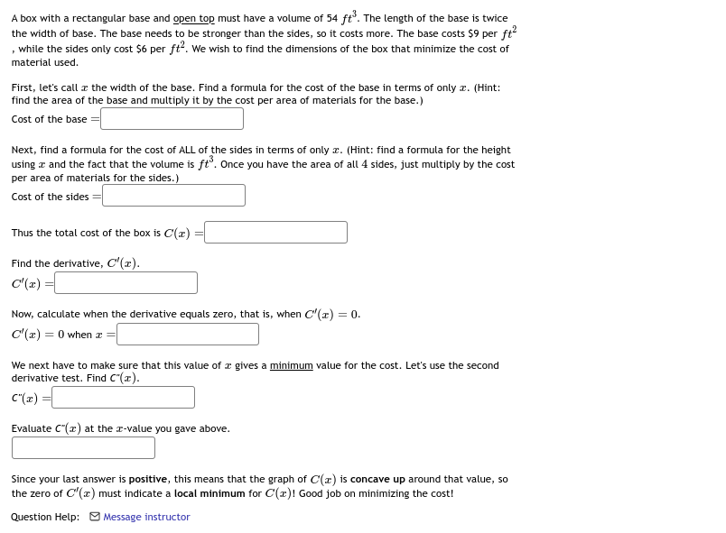 Solved A box with a rectangular base and open top must have | Chegg.com