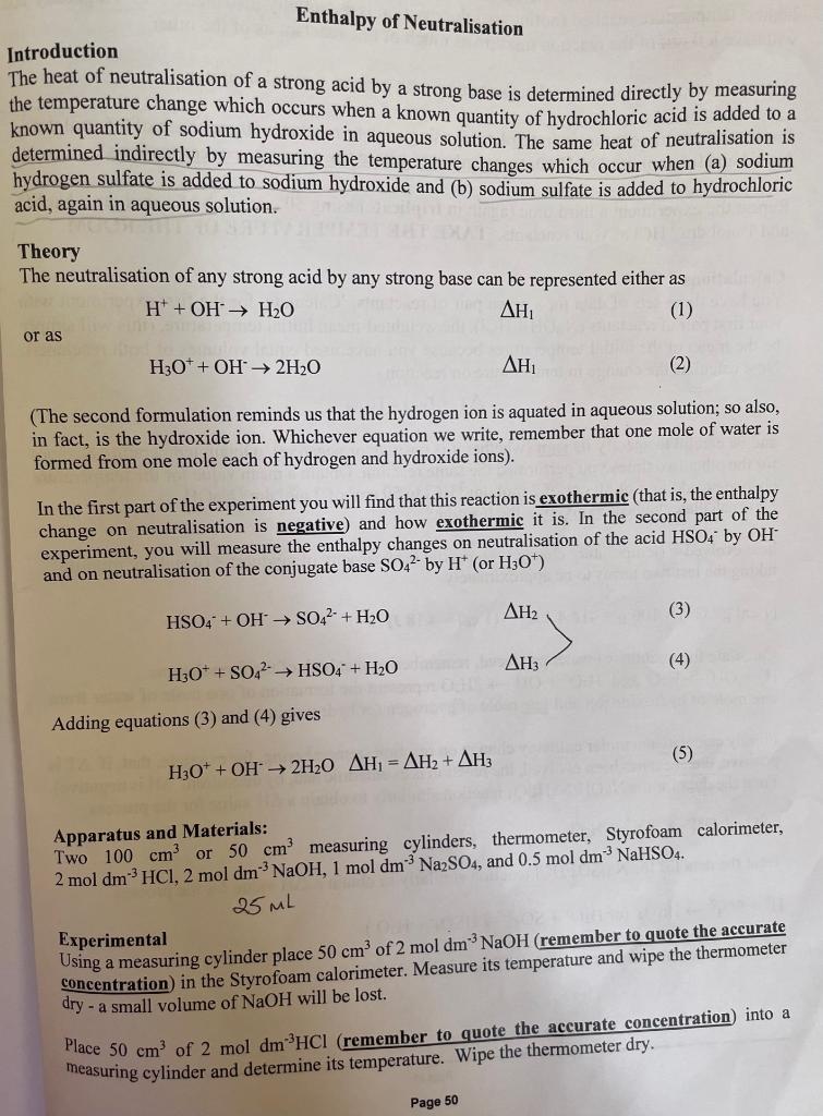 Enthalpy of Neutralisation Introduction The heat of | Chegg.com
