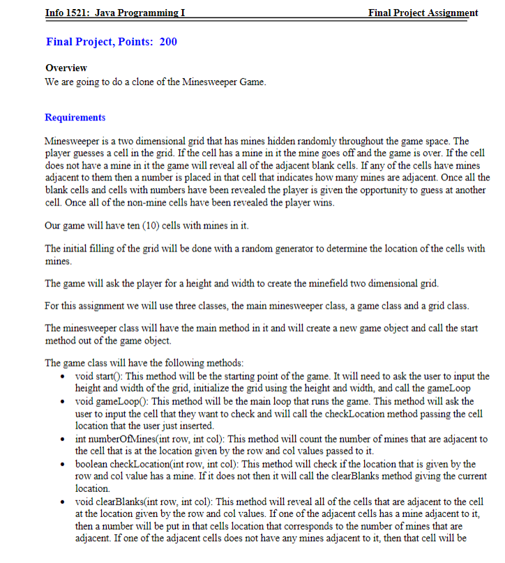 Solved Final Project Clone of the Minesweeper Game. What | Chegg.com