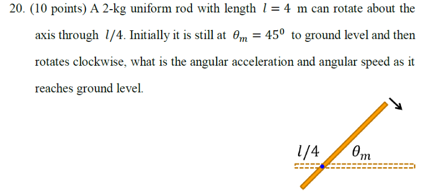 Solved 20. (10 points) A 2-kg uniform rod with length 1 = 4 | Chegg.com