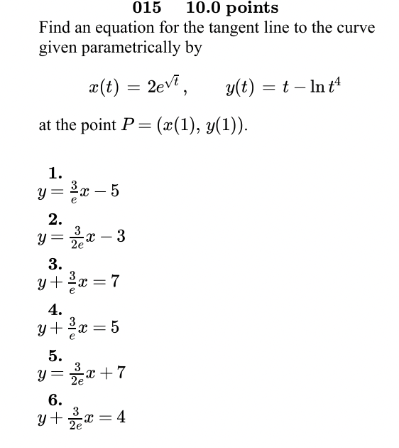 Solved 015 10.0 points Find an equation for the tangent line | Chegg.com