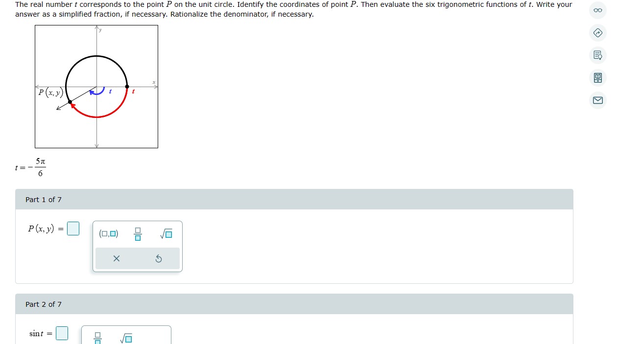 Solved The real number t corresponds to the point P on the | Chegg.com