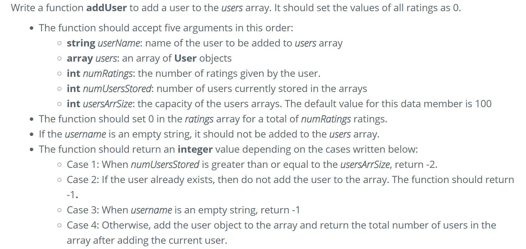 O Write a function addUser to add a user to the users | Chegg.com