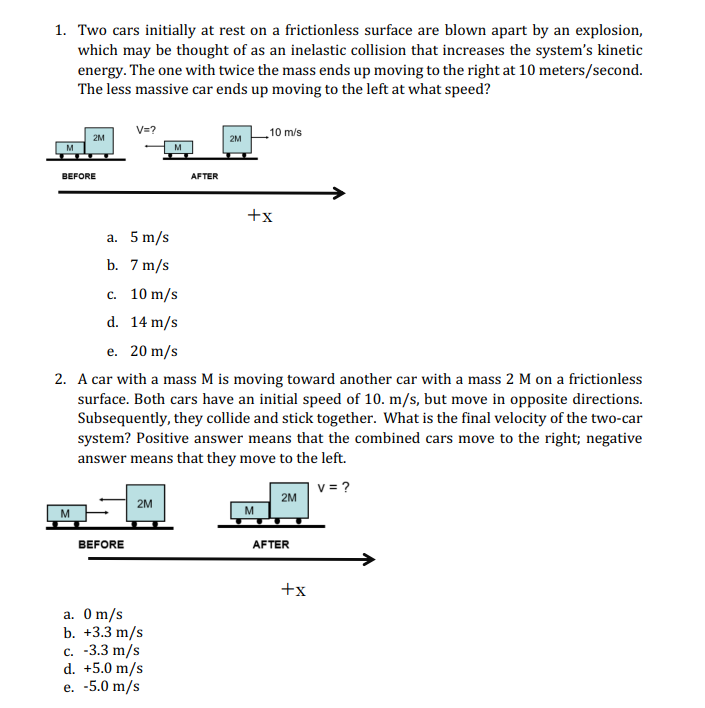 Solved 1. Two cars initially at rest on a frictionless | Chegg.com