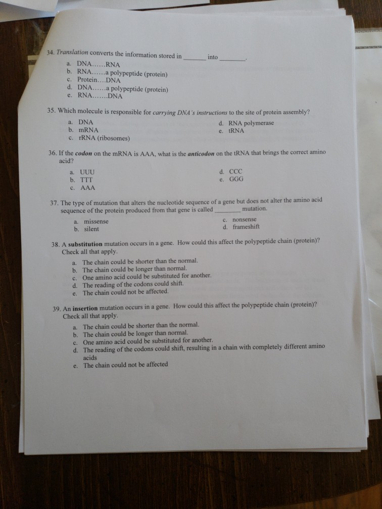 Solved 34. Translation converts the information stored in | Chegg.com