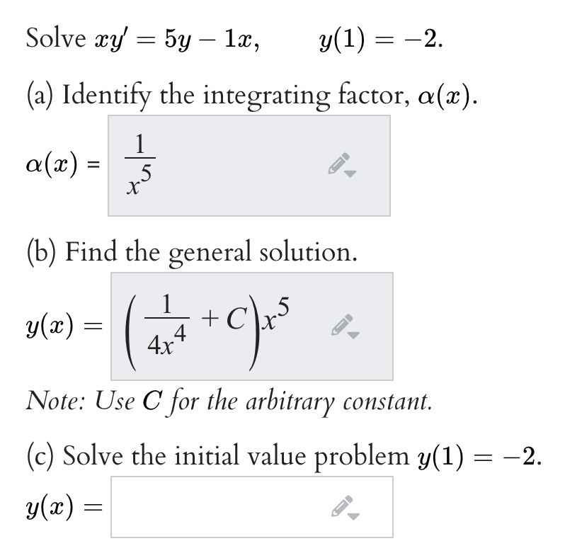 Solved Solve xy = 5y - 1x, y(1) = –2. (a) Identify the | Chegg.com Solved Solve xy = 5y - 1x, y(1) = –2. (a) Identify the | Chegg.com