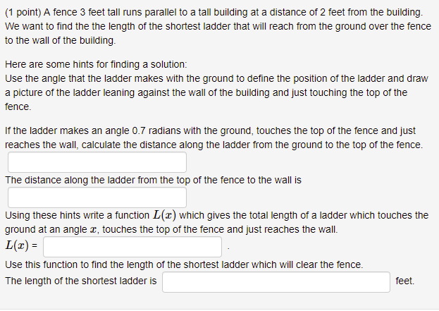 Solved (1 point) A fence 3 feet tall runs parallel to a tall | Chegg.com
