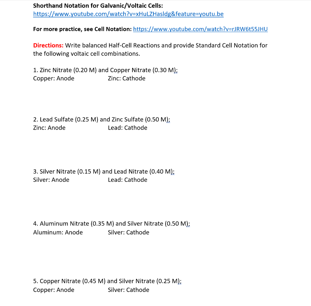 Solved Shorthand Notation for Galvanic/Voltaic Cells: | Chegg.com
