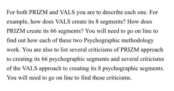 For both PRIZM and VALS you are to describe each one. | Chegg.com