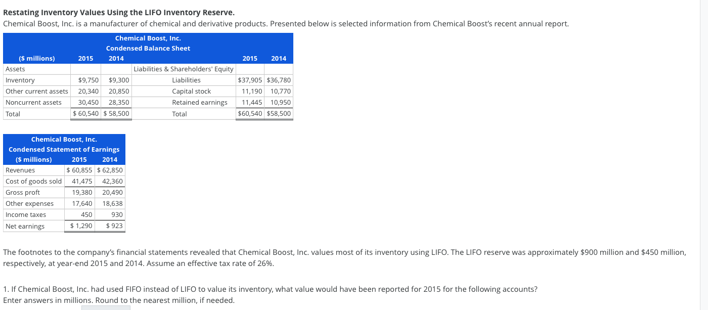 Solved Restating Inventory Values Using the LIFO Inventory | Chegg.com
