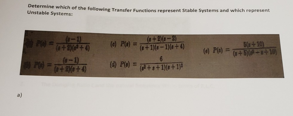 Solved en of the following Transfer Functions represent | Chegg.com