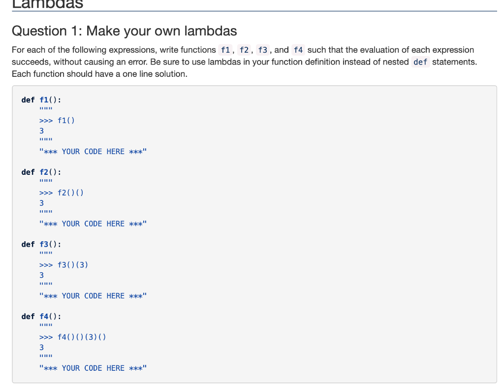 Solved Lambdas Question 1: Make your own lambdas For each of | Chegg.com Solved Lambdas Question 1: Make your own lambdas For each of | Chegg.com