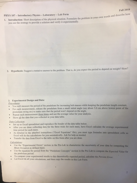 Solved Phvsics- Laborató Fall 2018 PEYS 107-Introductory | Chegg.com