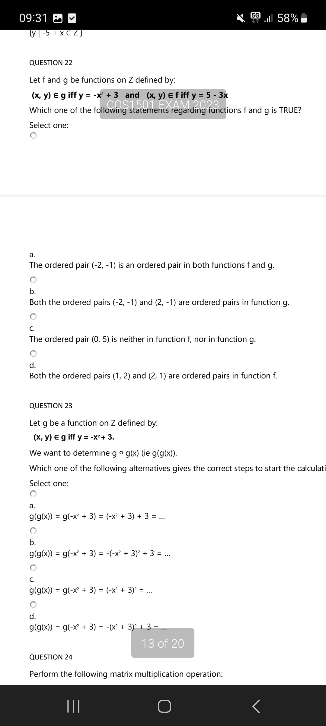 Solved QUESTION 22 Let f and g be functions on Z defined by: | Chegg.com