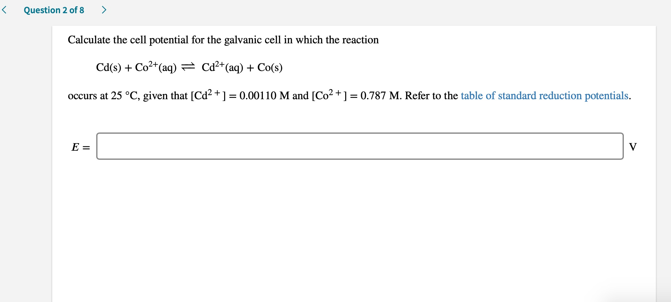 Solved Calculate the cell potential for | Chegg.com