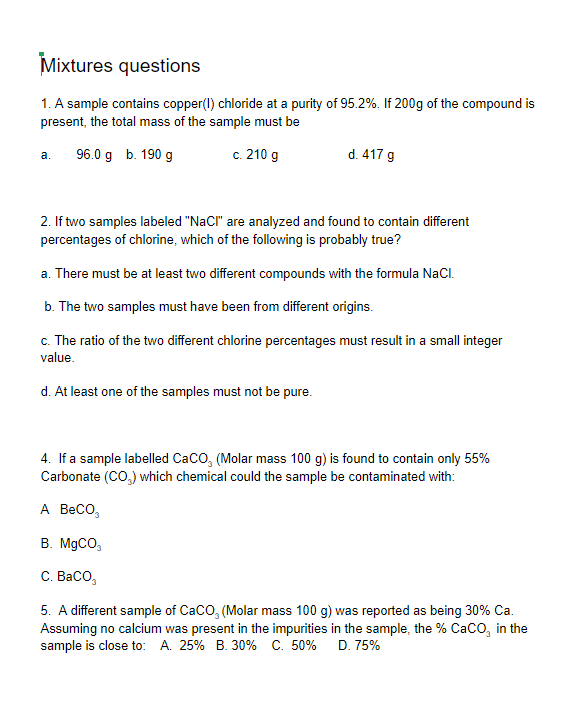 Solved Mixtures questions 1. A sample contains copper(1) | Chegg.com