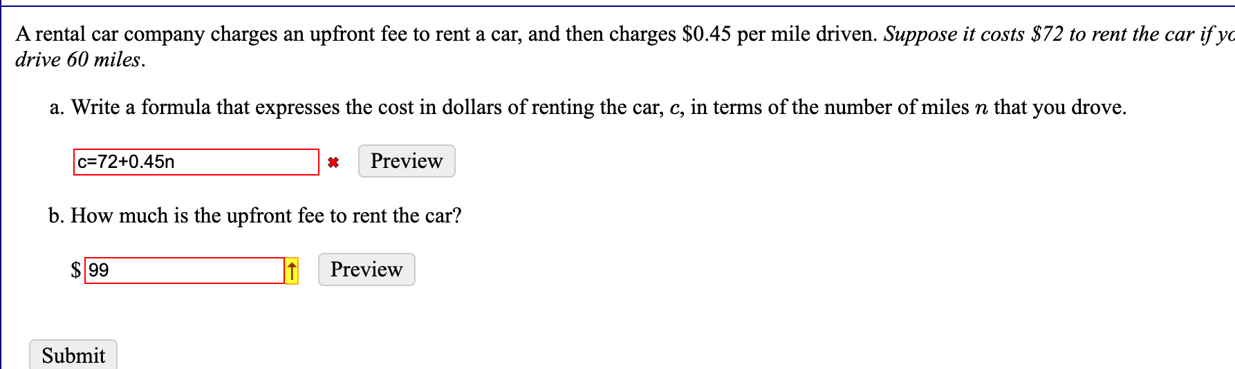 Solved A rental car company charges an upfront fee to rent a | Chegg.com