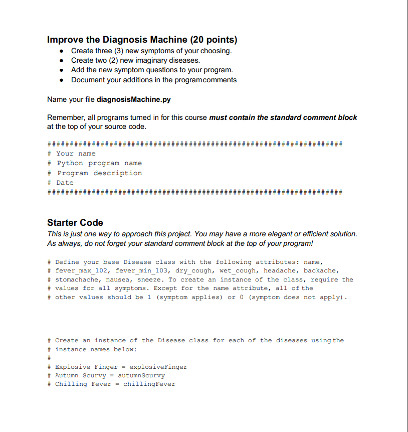 Solved AP CSP FINAL PROJECT Diagnosis Machine For this | Chegg.com