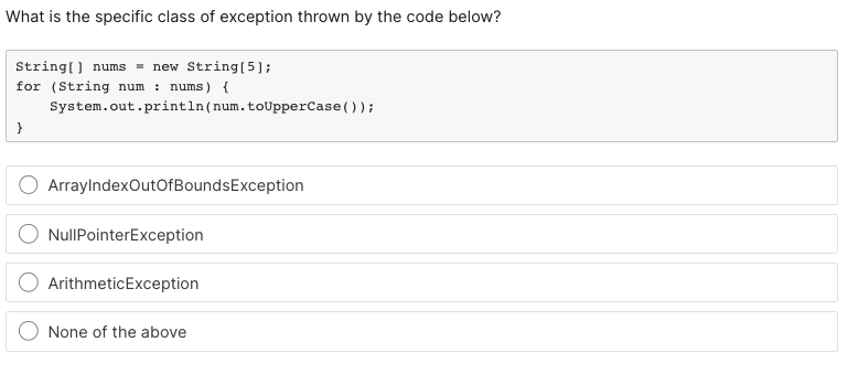 Solved What is the specific class of exception thrown by the | Chegg.com