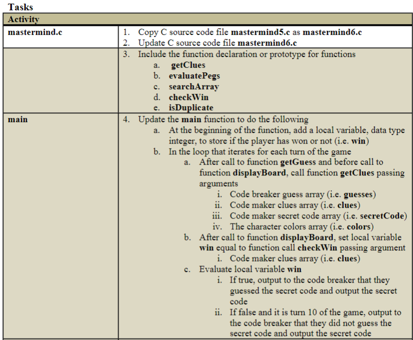 Tasks Activity mastermind.c main 1. Copy C source | Chegg.com