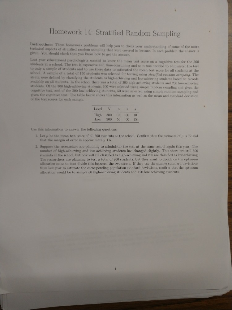 Homework 14: Stratified Random Sampling Instructions: | Chegg.com