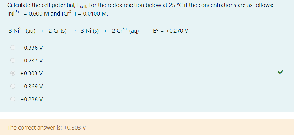 Solved Calculate the cell potential, Ecell, for the redox | Chegg.com