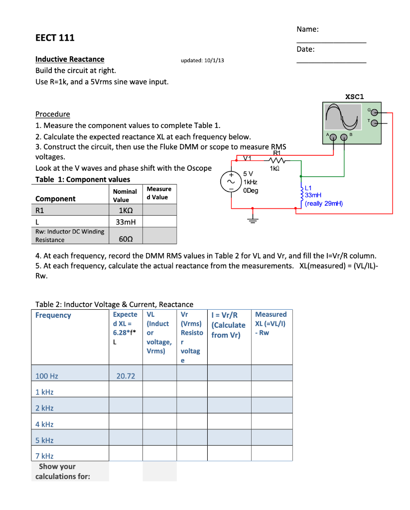 Solved Name: Date: EECT 111 Inductive Reactance updated: | Chegg.com