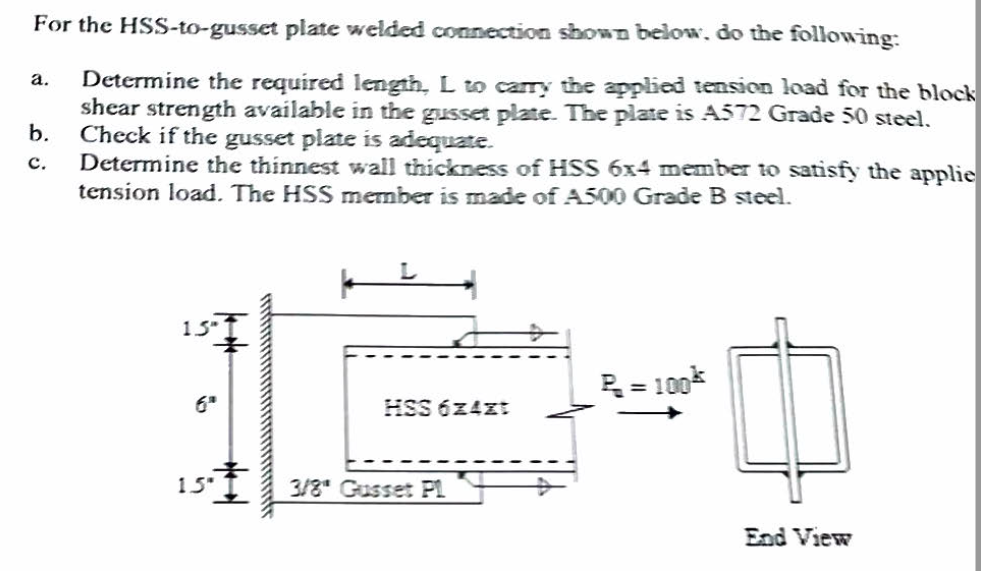 Solved For the HSS-to-gusset plate welded connection shown | Chegg.com