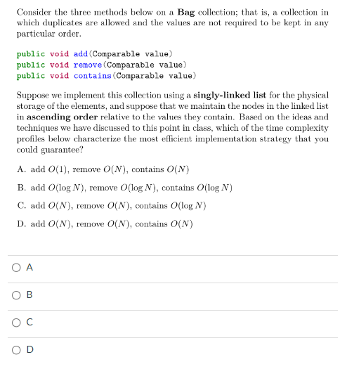 Solved Consider the three methods below on a Bag collection; | Chegg.com