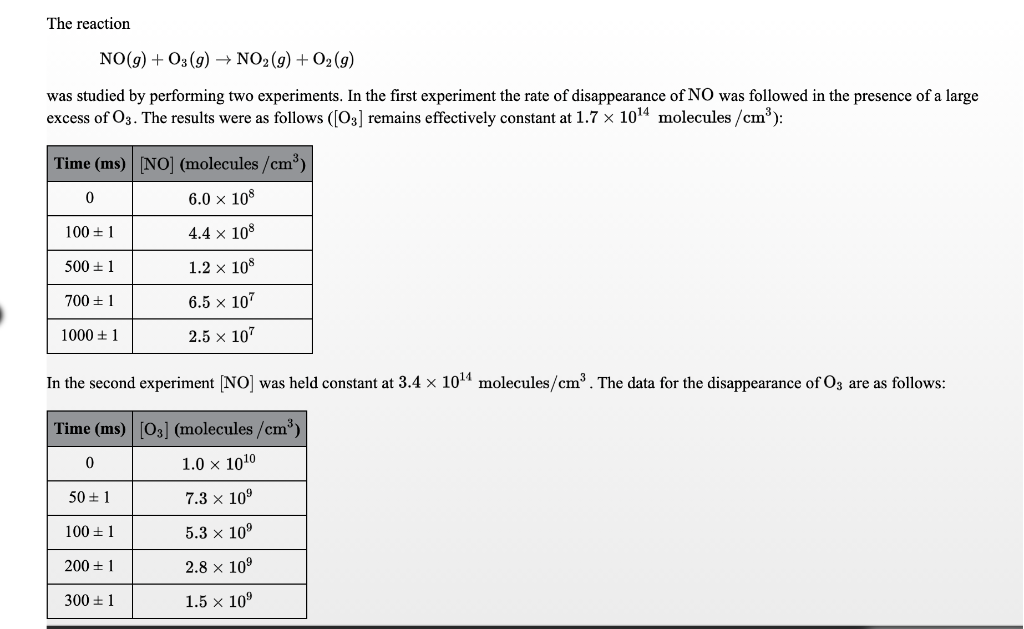 Solved The reaction NO(g) + 03 (9) NO2(g) + O2(g) was | Chegg.com