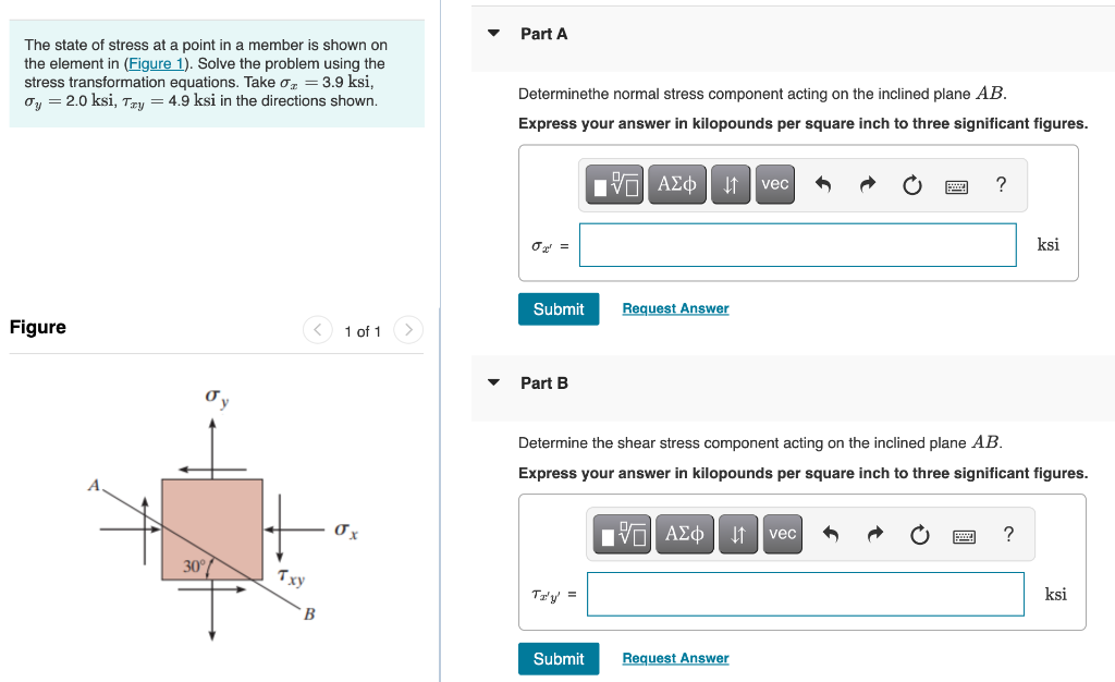 Solved The state of stress at a point in a member is shown | Chegg.com