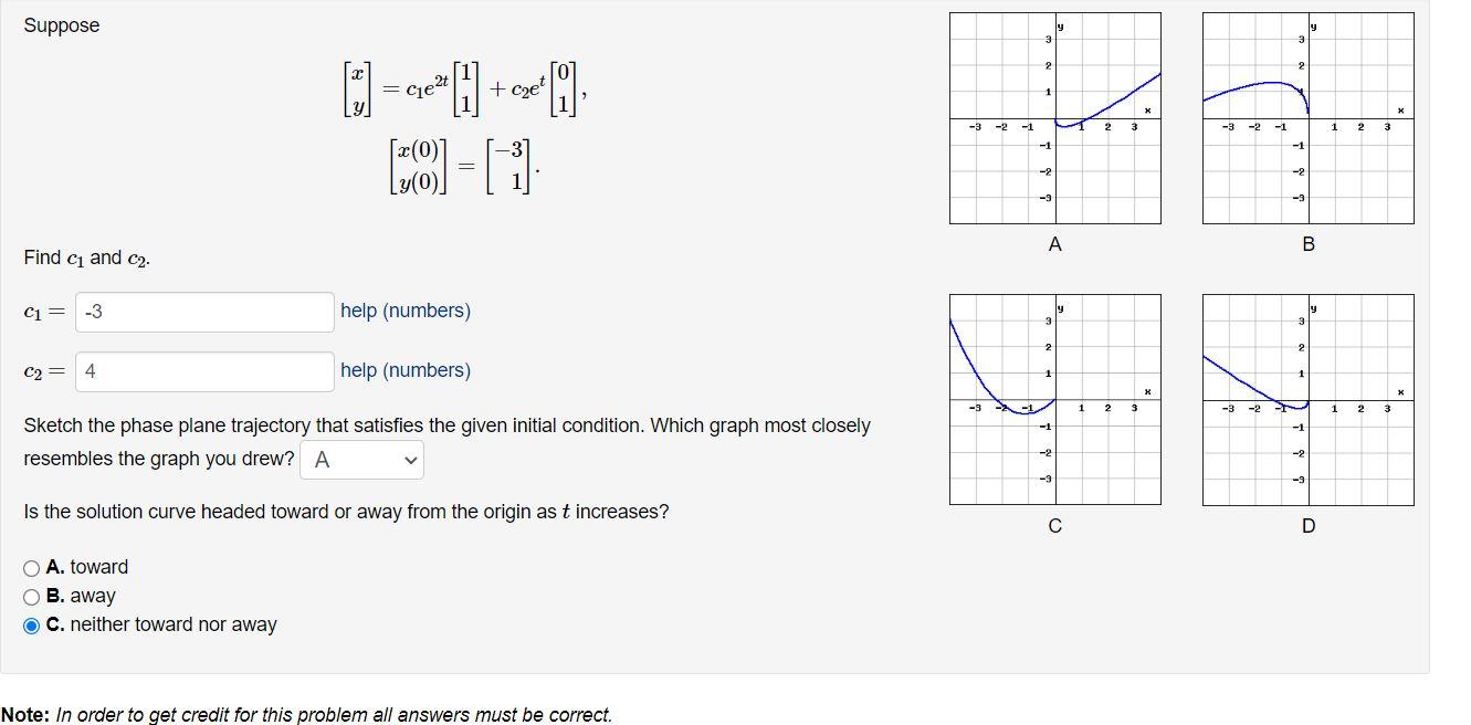 Solved Suppose [xy]=c1e2t[11]+c2et[01],[x(0)y(0)]=[−31]. | Chegg.com