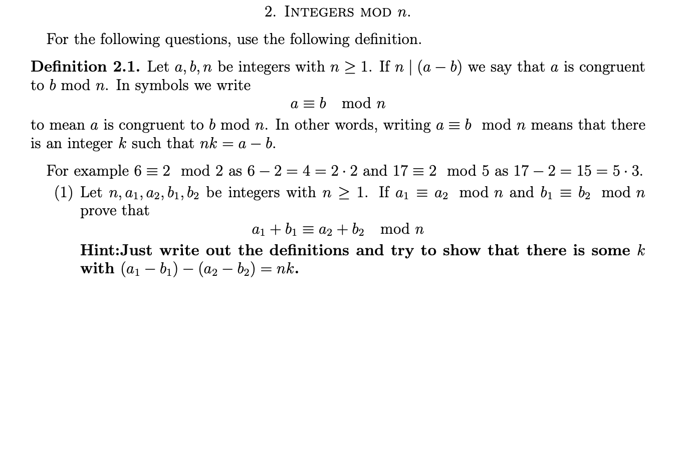 Solved INTEGERS MOD n.For the following questions, use the | Chegg.com
