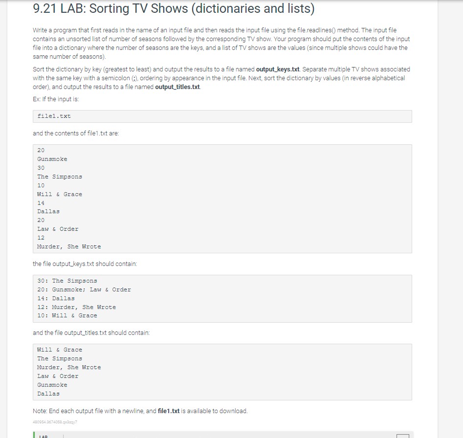 Solved 9.21 ﻿LAB: Sorting TV Shows (dictionaries and | Chegg.com