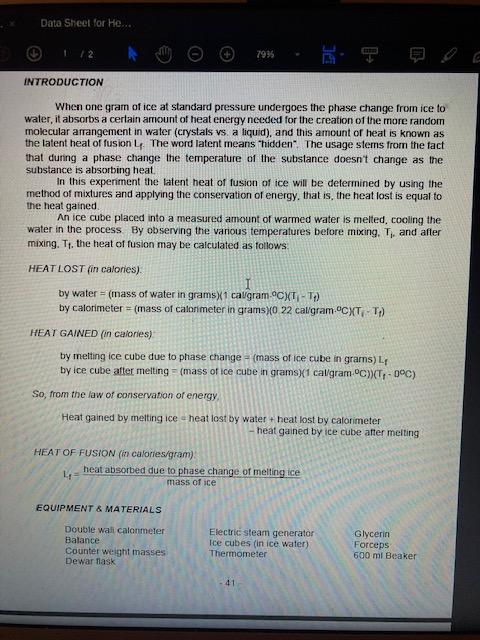 Solved Data Sheet for He... 7935 INTRODUCTION When one gram | Chegg.com