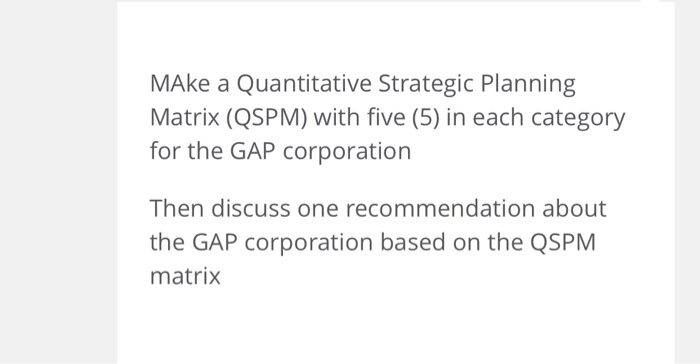Solved MAke a Quantitative Strategic Planning Matrix (QSPM) | Chegg.com