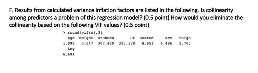 Solved F. Results from calculated variance inflation factors | Chegg.com
