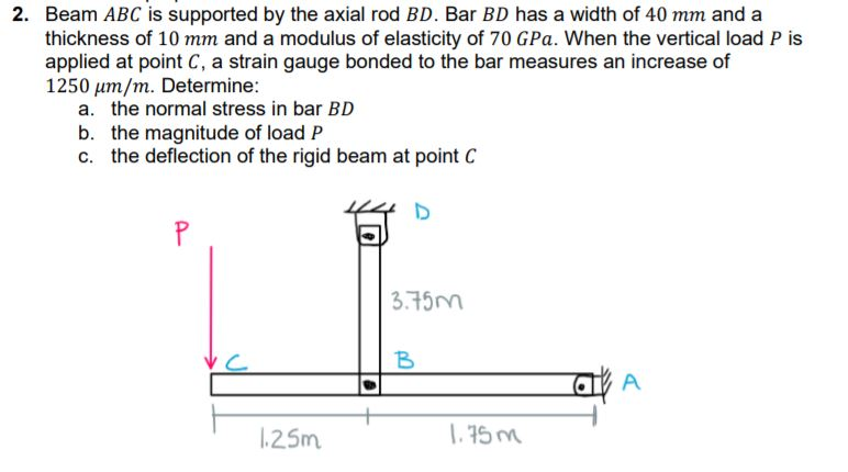 Solved 2. Beam ABC is supported by the axial rod BD. Bar BD | Chegg.com