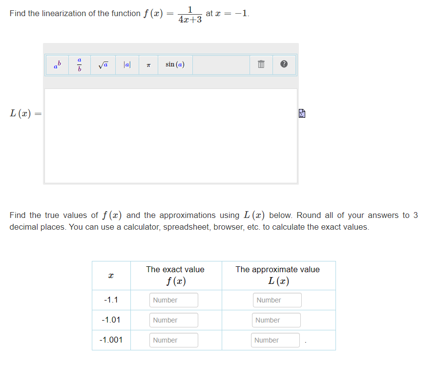 Solved Find the linearization of the function f(x)=4x+31 at | Chegg.com