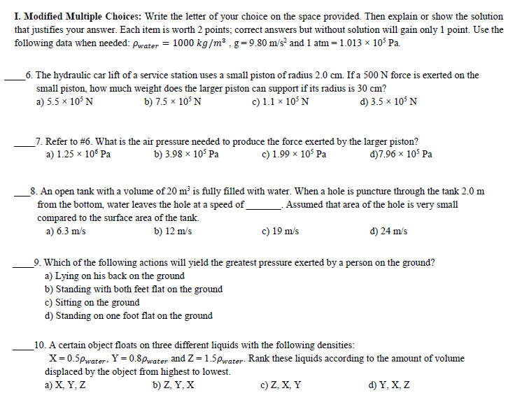 Solved I. Modified Multiple Choices: Write the letter of | Chegg.com