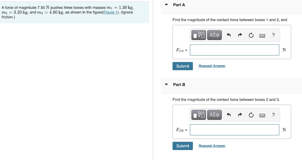 Solved A force of magnitude 7.50 N pushes three boxes with | Chegg.com