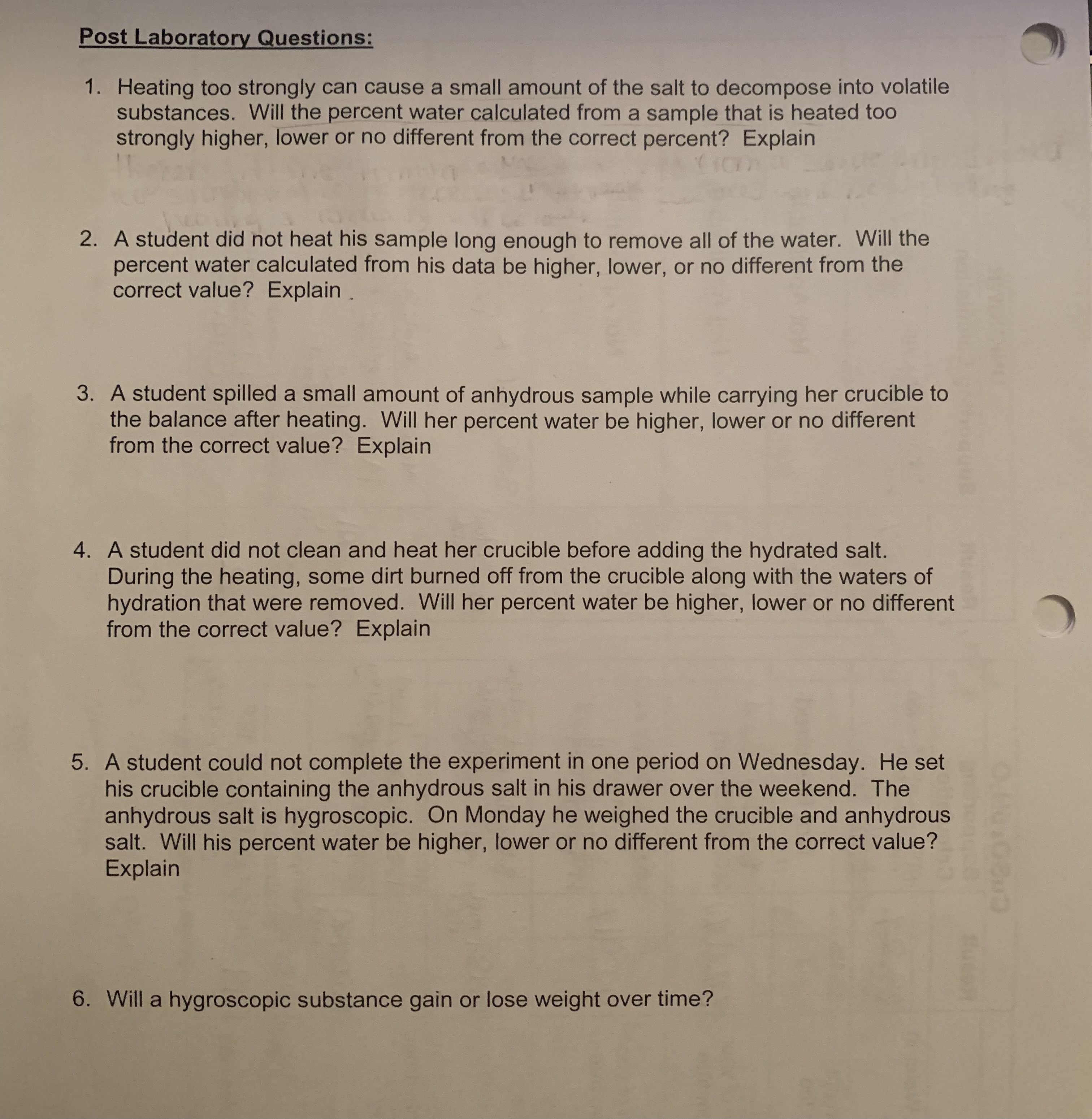 Solved Post Laboratory Questions:Heating too strongly can | Chegg.com