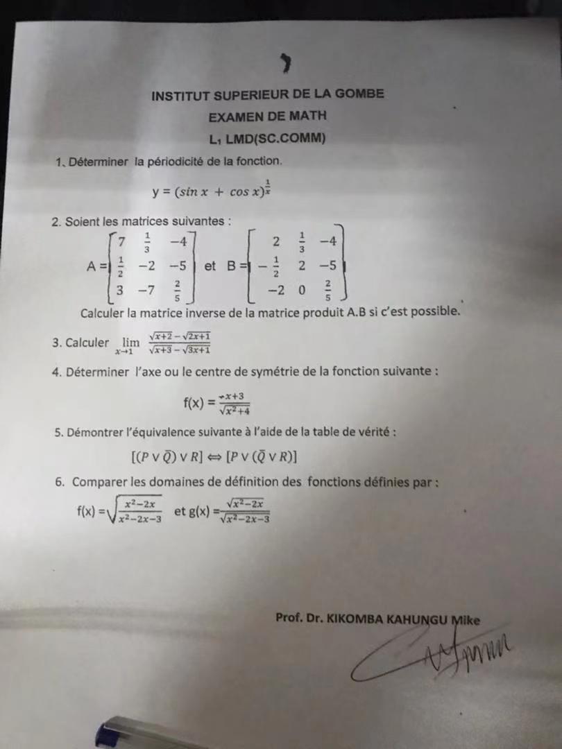 Solved INSTITUT SUPERIEUR DE LA GOMBE EXAMEN DE MATH L 1 | Chegg.com